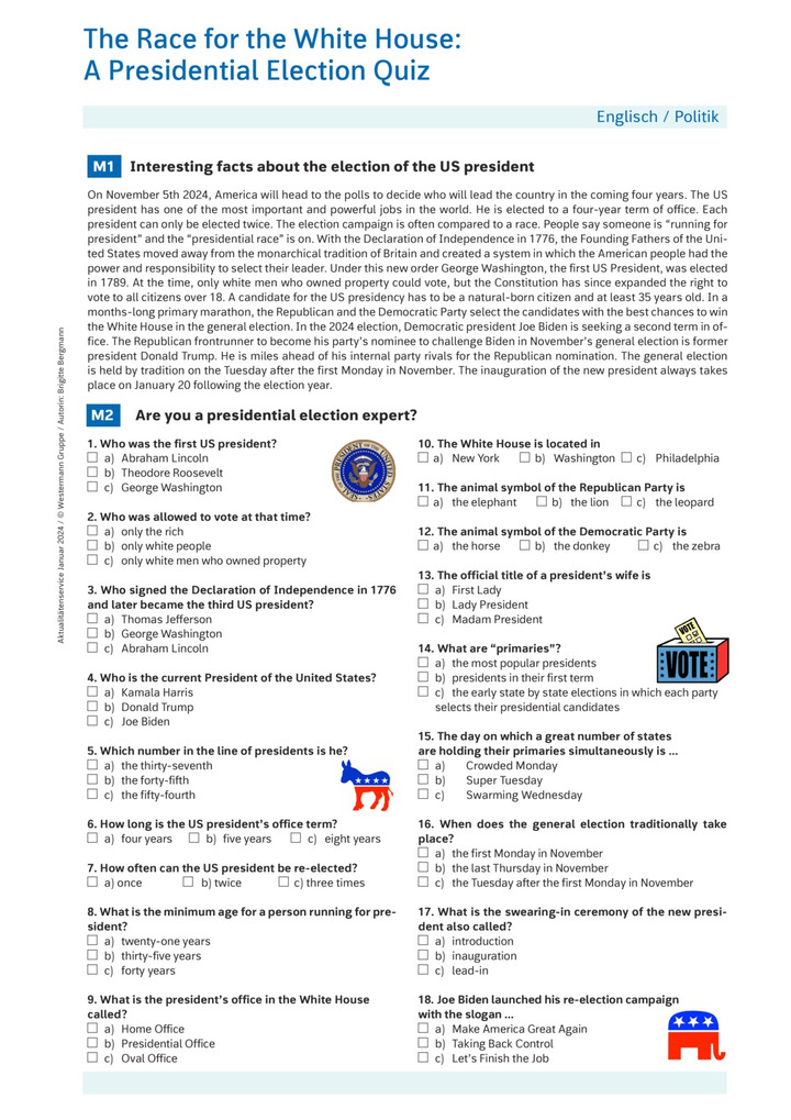 Race for the White House: A Presidential Election Quiz - - Englisch ...