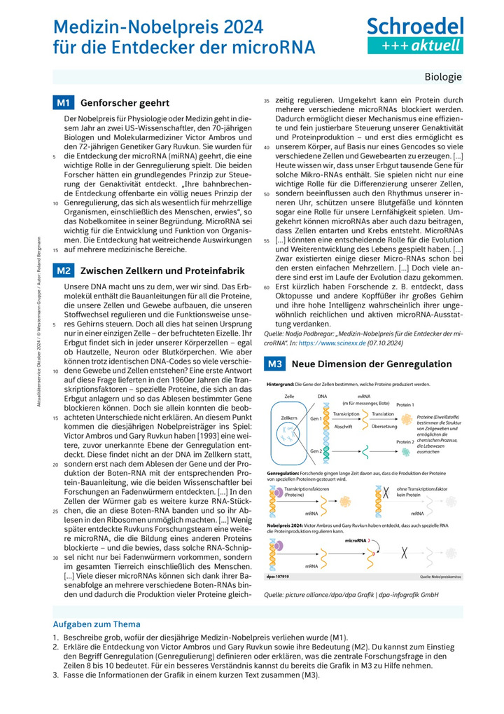 Medizin-Nobelpreis 2024 für die Entdecker der microRNA - - Biologie ab Klasse 10 – Westermann